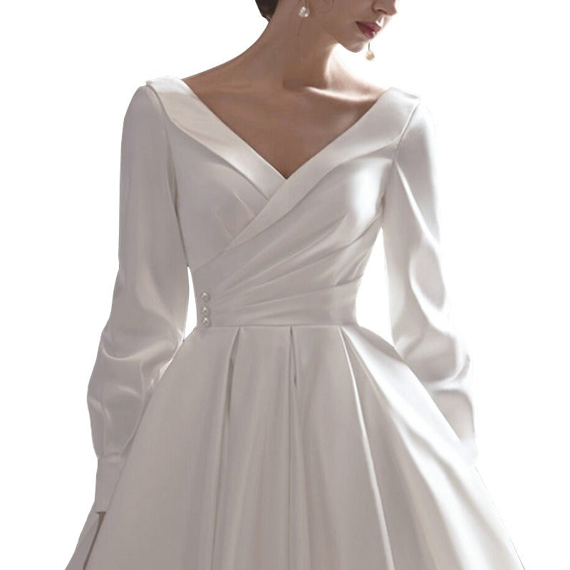 Off Shoulder V-neck Longsleeves White Satin Dress | FashionByTeresa
